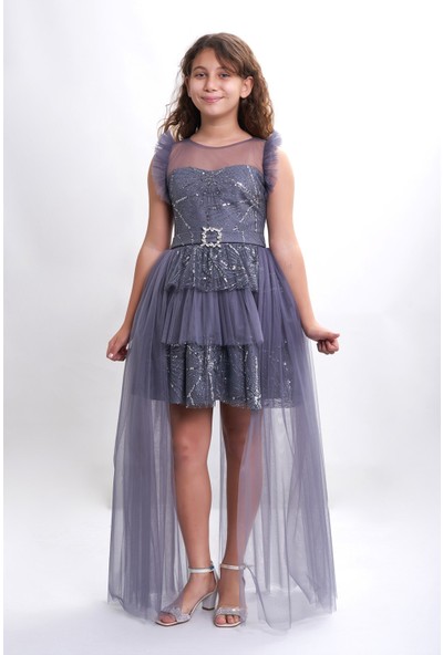 Mutlu City Kız Çocuk/genç Tüllü Önü Kısa Pullu Abiye Düğün Balo Mezuniyet Elbisesi 5306 Koyu Gri 10-14 Yaş
