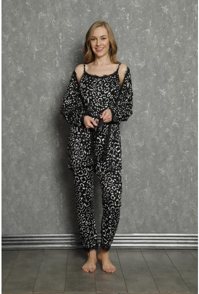 Seboteks Ip Askılı Desenli Güpür Detaylı Sabahlıklı 3'lü Pijama Takımı 20542 Seboteks Ip Askılı Desenli Güpür Detaylı Sabahlıklı 3'lü Pijama Takımı 20542