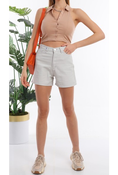 Modesta Kadın Yüksek Bel Denim Şort Soğuk Gri