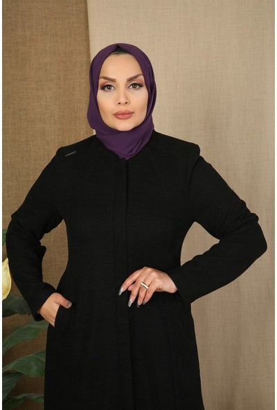 Tuğralı Kışlık Fermuarlı Siyah Manto