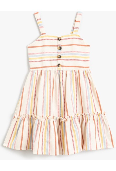 Koton Kız Çocuk Çizgili Askılı Elbise Düğme Detaylı Fırfırlı