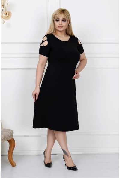 Siyah-Siyah Büyük Beden Omuzları Çapraz Biye Detay Viskon Elbise - XXL00015