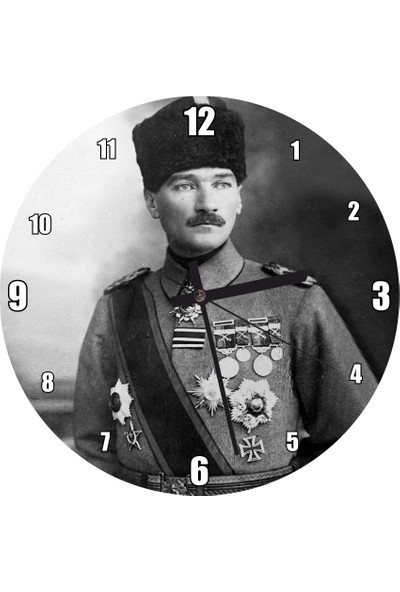Cakatablo Atatürk Kalpaklı Madalyalı Duvar Saati (Çap 30X30 Cm)