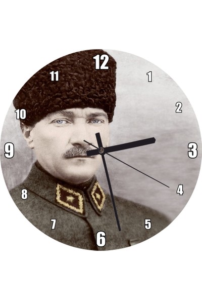 Cakatablo Kalpaklı Atatürk Portresi Renkli Görsel Duvar Saati (Çap 30X30 Cm)