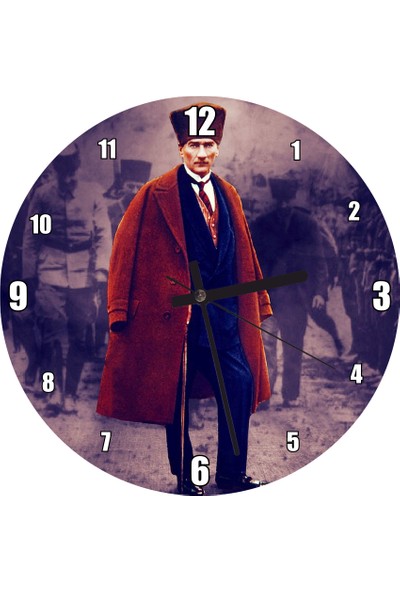 Cakatablo Siyah Beyaz Cephede Renkli Atatürk Duvar Saati (Çap 30X30 Cm)