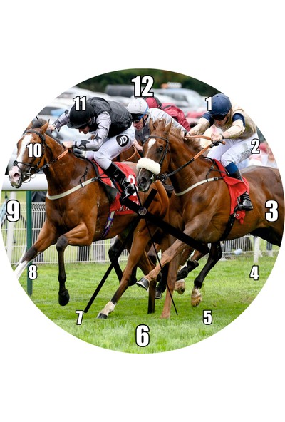 Cakatablo Parkurda Kıyasıya Yarışan Safkanlar Duvar Saati (Çap 50X50 cm )