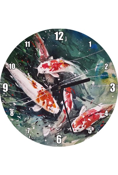 Cakatablo Koi Balıkları Üstten Görünüş Duvar Saati (Çap 30X30 Cm)