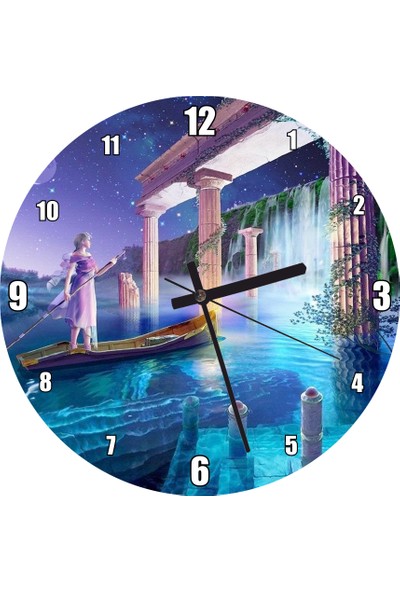Cakatablo Sularla Kaplı Antik Sütunlar Sandal ve Kız Görseli Duvar Saati (Çap 50X50 cm )