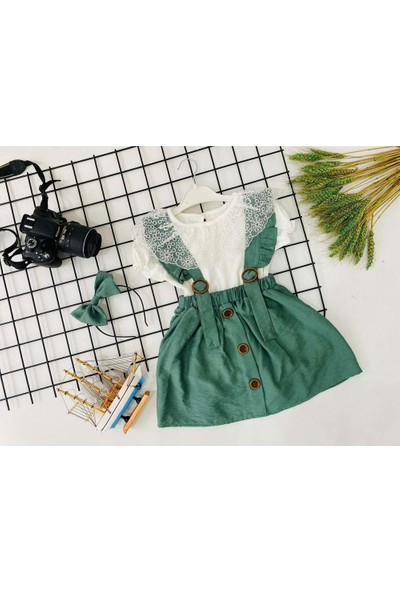 Yaren Kids Kız Çocukgüpür Detay Bluz Taç ve Jile Kombin - Yeşil