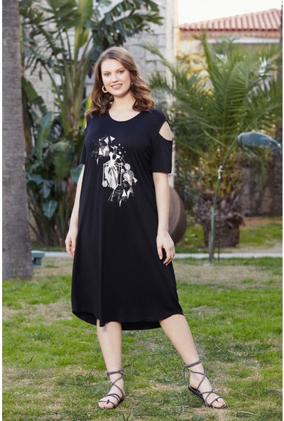 Rmg Baskılı Omuz Detaylı Büyük Beden Siyah Elbise