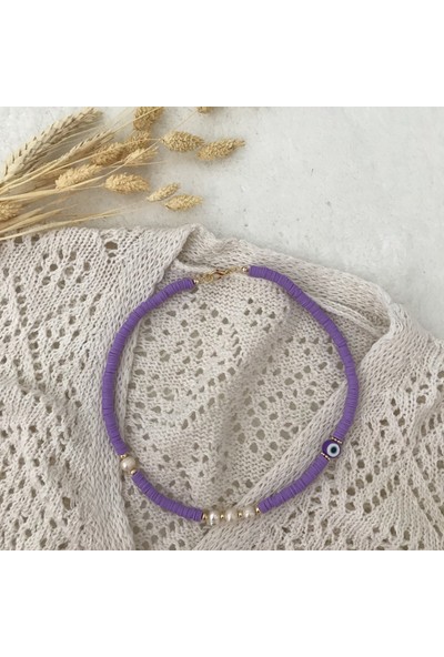 Dream Store Kadın Yeni Trend Lila Nazar Boncuk ve Incili Fimo Kolye