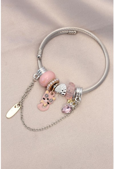 Erbilden Erb Pembe Kedi Tasarımlı Zincir Detaylı Charm Bilezik Erbilden Erb Pembe Kedi Tasarımlı Zincir Detaylı Charm Bilezik