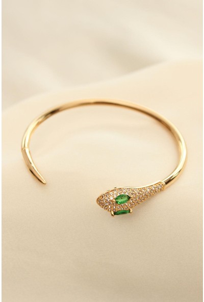 Erbilden Erb Çelik Yeşil Gözlü Yılan Tasarımlı Taşlı Kelepçe Bileklik