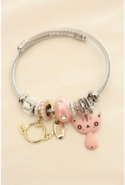 Erbilden Erb Pembe Kedi Figürlü Incili Charm Bilezik