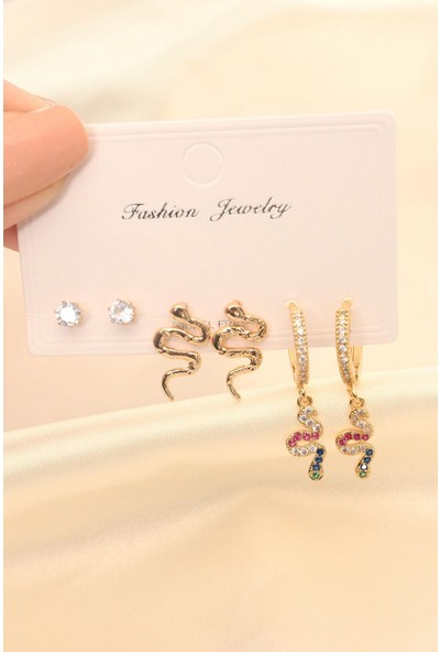 Erbilden Erb Çelik Renkli Zirkon Taşlı Yılan Detay Küpe Seti Erbilden Erb Çelik Renkli Zirkon Taşlı Yılan Detay Küpe Seti