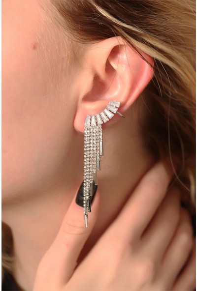 Erbilden Erb Çelik Gümüş Renk Baget ve Zirkon Taşlı Sallantılı Küpe