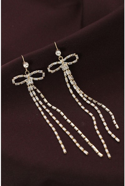 Erbilden Erb Çelik Altın Renk Baget Taşlı Fiyonk Detaylı Uzun Küpe