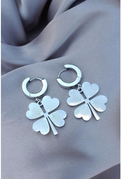 Erbilden Erb Çelik Gümüş Metal Yonca Tasarımlı Küpe