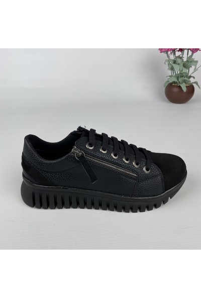 Astorya Ticaret Siyah Süet ve Suni Deri Çift Fermuarlı Kadın Ayakkabı - 38