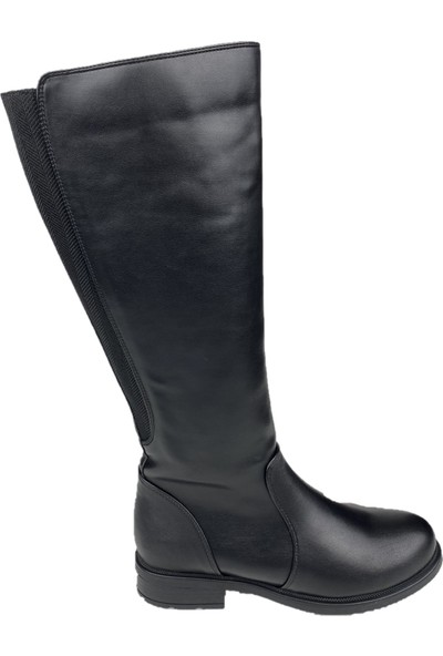 Astorya Ticaret Siyah Lüks Suni Deri Arkası Lastikli Kadın Çizme - 37