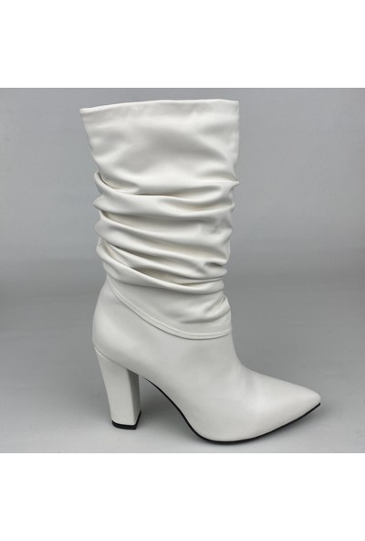 Astorya Ticaret Beyaz Körüklü Kalın Topuk Kadın Çizme Topuk 8 cm - 35