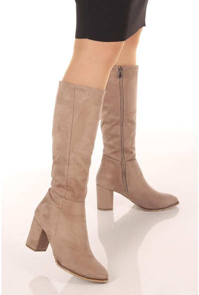 Soby Shoes Kadın Günlük Fermuarlı Süet Diz Altı Topuklu Bot ve Çizme SOBY11070005