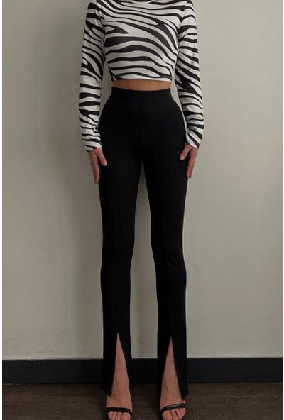 Hisleria Önden Yırtmaçlı Yüksek Bel Tayt Pantolon - Siyah