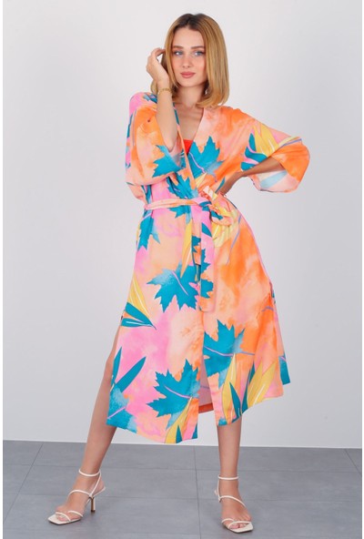 Facette Kadın 2021320392134 Desenli Yarasa Kol Desenli Kimono
