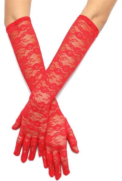 Okuyucu Ticaret Kırmızı Renk Dantelli Eldiven Uzun Boy