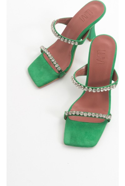 Luvi Bowı Yeşil Süet Taşlı Kadın Topuklu Terlik