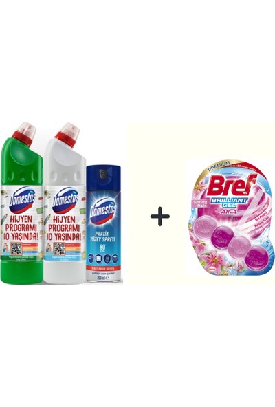 Domestos Dağ Esintisi 750ML+DOMESTOS Kar Beyaz 750ML+PRATIK Yüzey Spreyi 200ML+BREF Brillant Gel All In Rain 42GR Domestos Dağ Esintisi 750ML+DOMESTOS Kar Beyaz 750ML+PRATIK Yüzey Spreyi 200ML+BREF Brillant Gel All In Rain 42GR