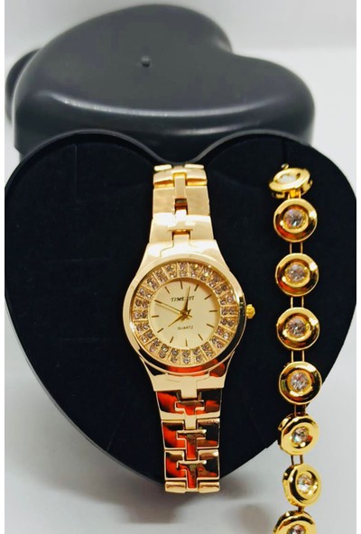 Timeist Vişneli Kadın Altın Renkli Dokunmatik Saat ve Bileklik Takımı
