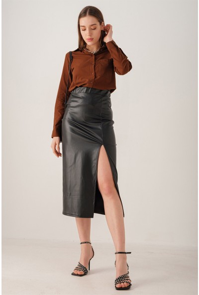 MyLove Yırtmaçlı Deri Etek Siyah