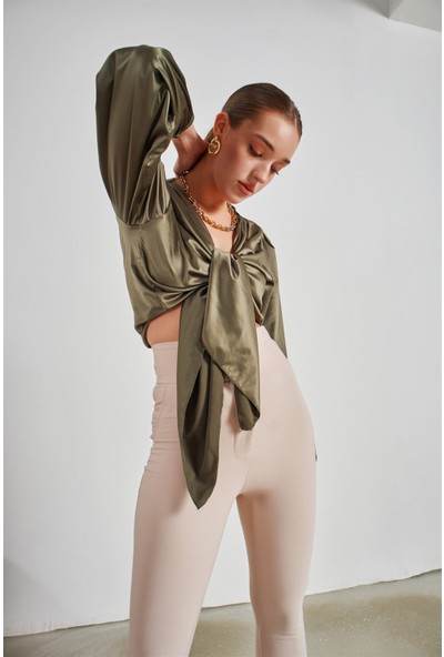 MyLove Luxury Bağlamalı Saten Bluz Haki