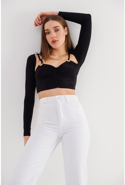 MyLove Circle Büzgülü Crop Bluz Siyah