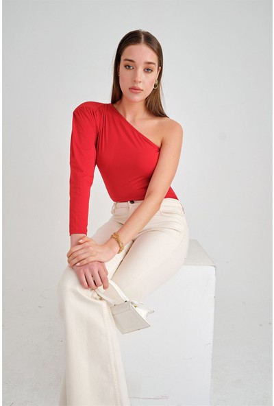 MyLove Tek Omuz Büzgülü Crop Bluz Kırmızı