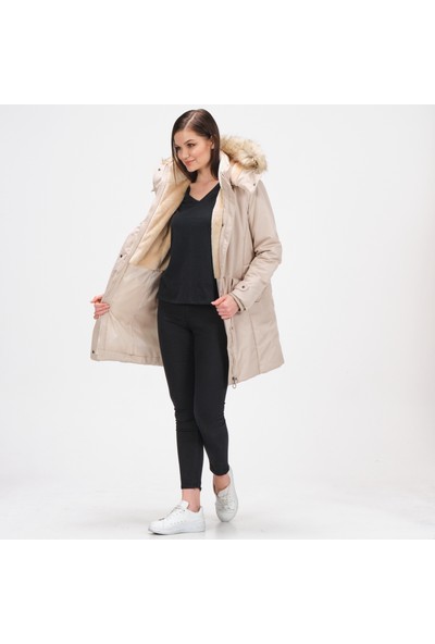 Pique Kadın Kaban Kadın Çıkabilir Kapüşonlu Kürk Astarlı Uzun Kaban