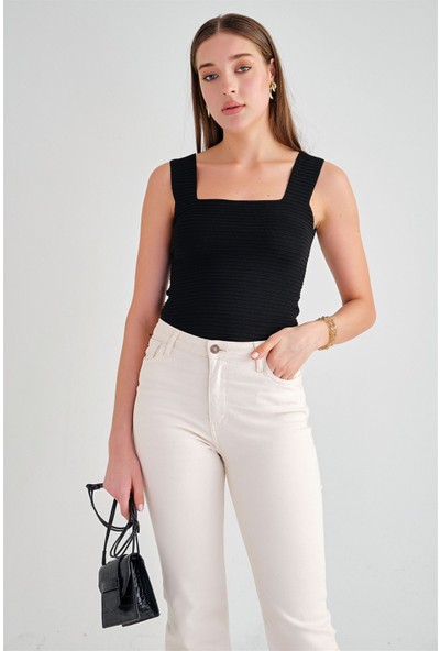 MyLove Kalın Askılı Triko Bluz Siyah