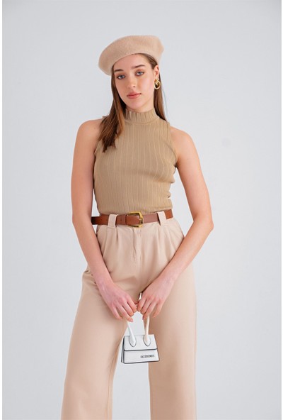 MyLove Dik Yaka Fitilli Bluz Camel