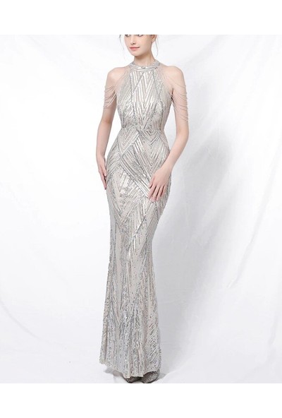 Moons Charge Yıdıngzs Omuz Dekolteli Pullu Uzun Abiye Elbise