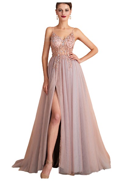 Moons Charge V Yaka Boncuklu Yırtmaçlı Uzun Elbise