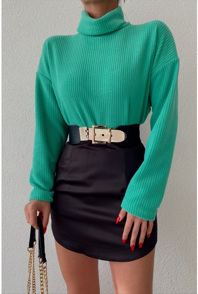 Balıkçı Yaka Fitilli Kazak Yeşil