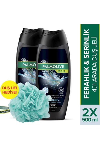 Palmolive Men Cooling 4ü1 Arada Magnezyum ve Mentollü Serinlik Veren Duş Jeli 500 ml x 2 +Duş Lifi Palmolive Men Cooling 4ü1 Arada Magnezyum ve Mentollü Serinlik Veren Duş Jeli 500 ml x 2 +Duş Lifi