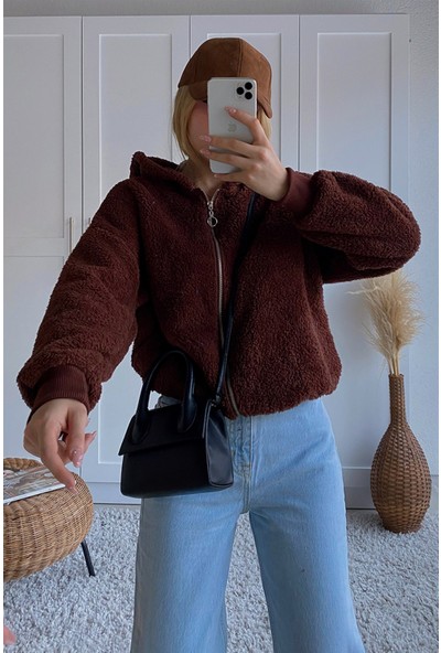MyLove Kapüşonlu Teddy Hırka Acı Kahve