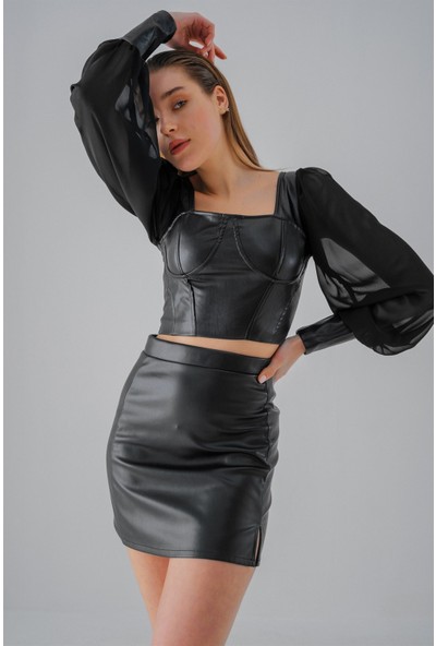 MyLove Tül Kol Deri Büstiyer Siyah MyLove Tül Kol Deri Büstiyer Siyah