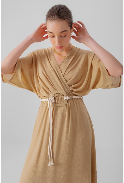 MyLove Kemerli Keten Elbise Vizon MyLove Kemerli Keten Elbise Vizon