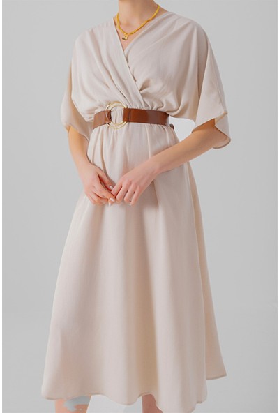 MyLove Kruvaze Kemerli Keten Elbise Taş