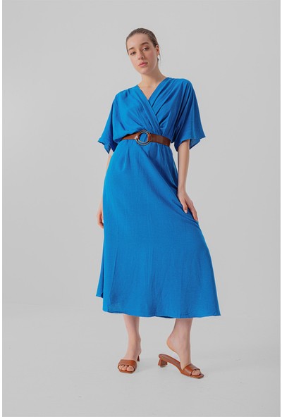MyLove Kruvaze Kemerli Keten Elbise Mavi