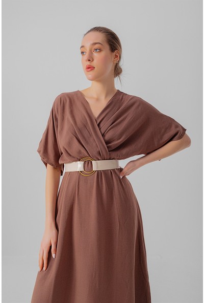 MyLove Kruvaze Kemerli Keten Elbise Kahve