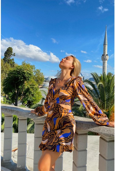 MyLove Sırt Şeritli Wild Desen Elbise Hardal